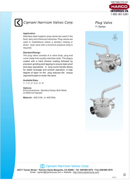 Cipriani Harrison 11 Series Sanitary Plug Valves | Harco Supply